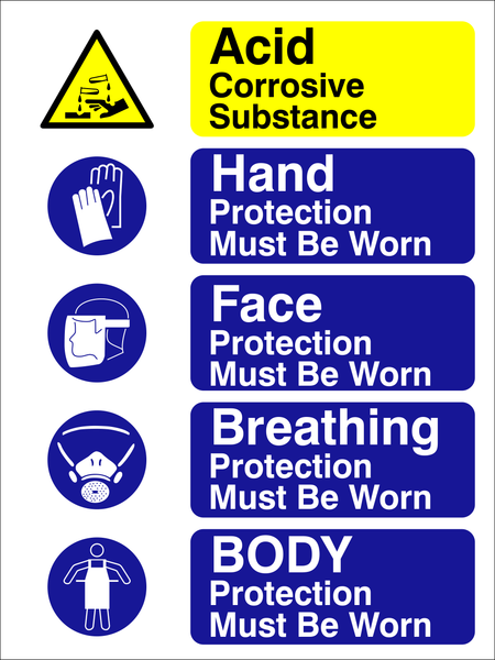 Acid Corrosive with various ppe safety sign (CAU134) | Safety Sign Online