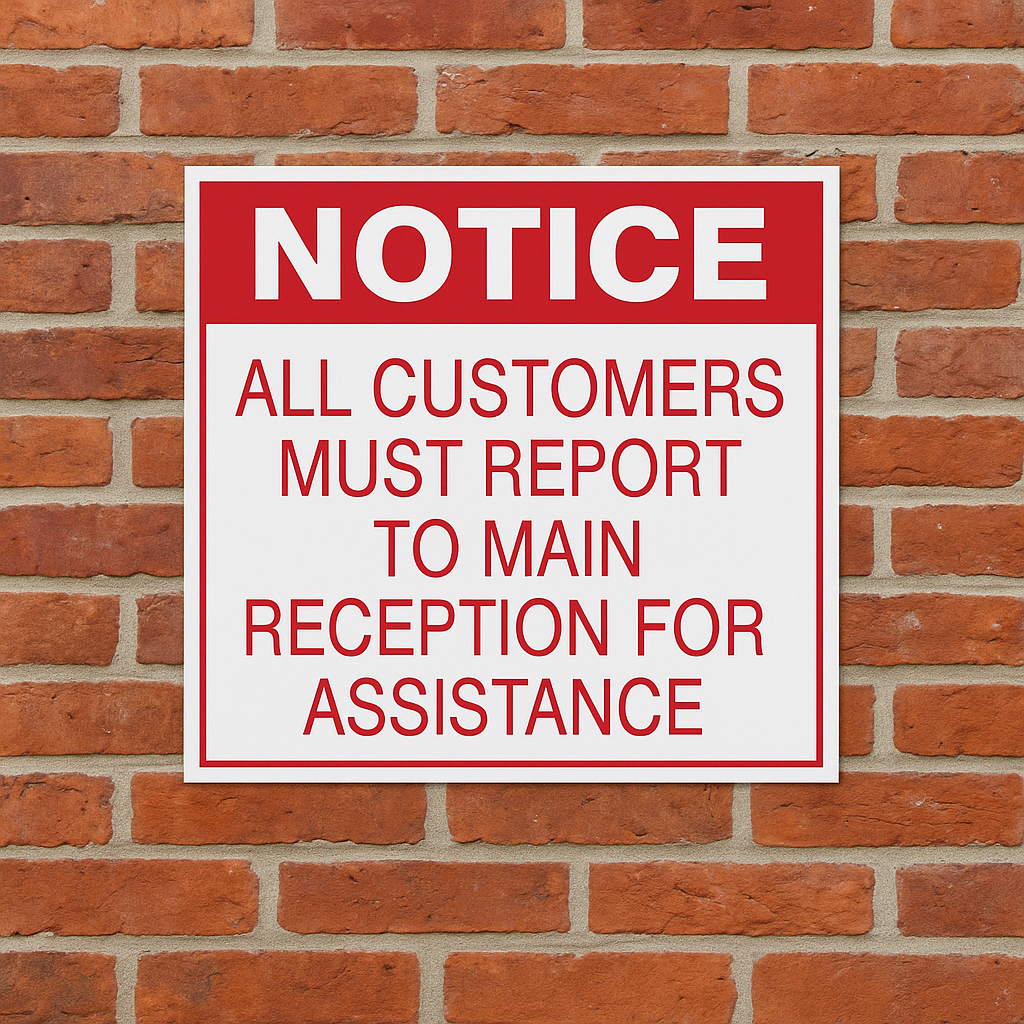 Notice : All Customers must report to main| Safety Sign Online